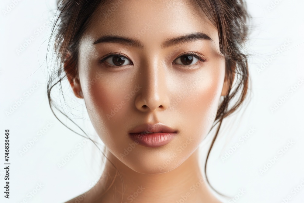 Attractive Asian lady with flawless skin and a stylish ponytail looking ...