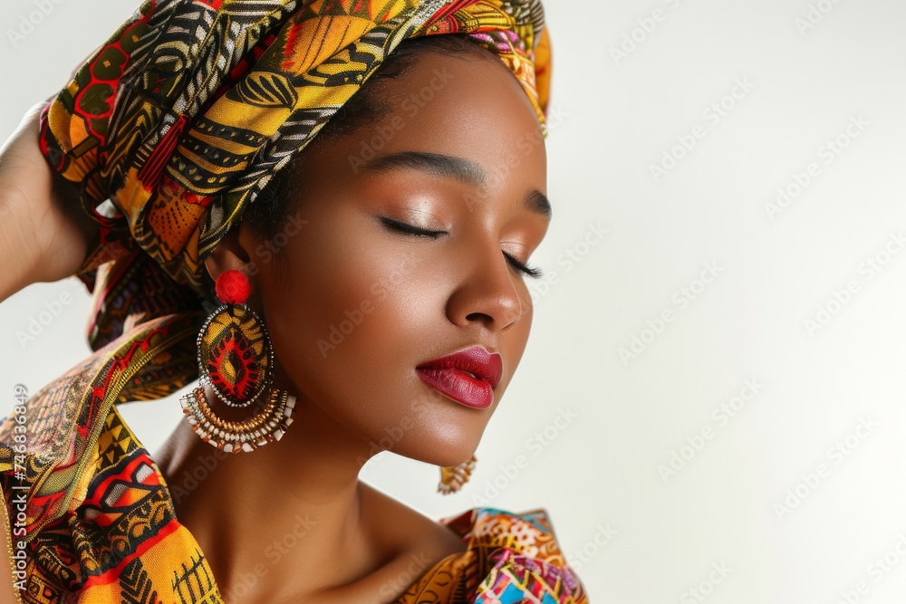 Beautiful young African model in traditional style with scarf earrings ...