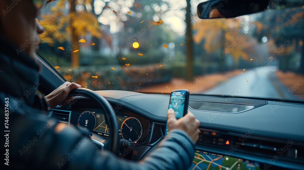 Driver inside the car looking for directions using his mobile device ...