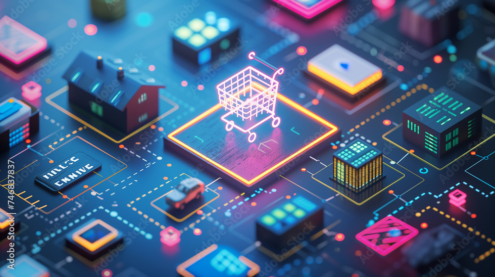 E-Commerce revolution. Illustration of digital online shopping. Digital ...