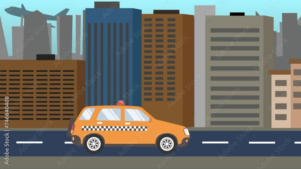 Taxi car running on the city background, 2D flat animation, seamless ...