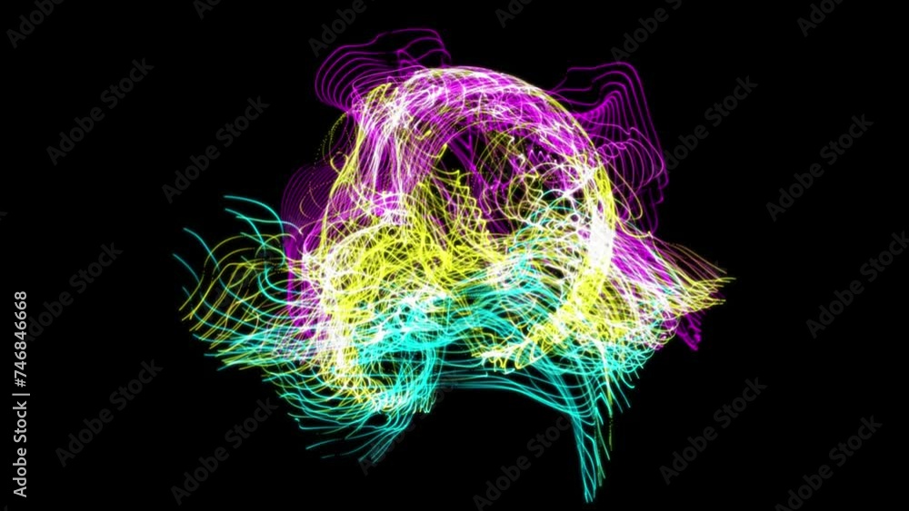 Abstract movement of colorful ribbons in the shape of a 3D sphere on a ...