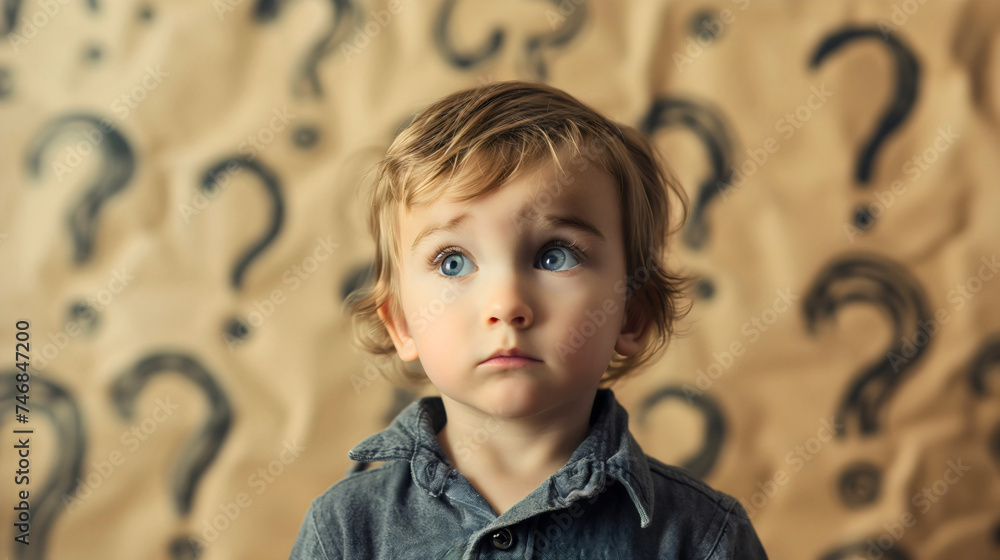 Cute little toddler boy with curious and thoughtful face expression ...