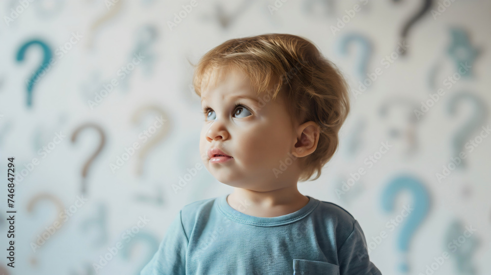 Cute little toddler boy with curious and thoughtful face expression ...