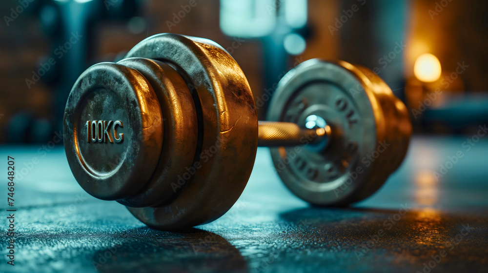 Closeup of the gray 100kg dumbbell weight on the floor in an empty ...