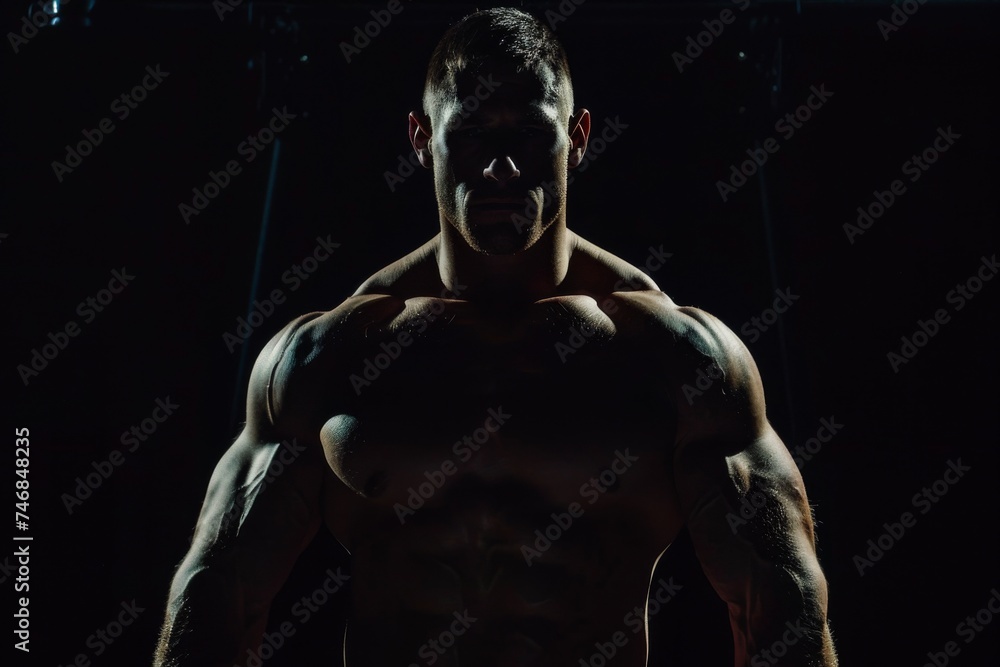Muscular bodybuilder posing showcasing muscles on black backdrop Stock ...
