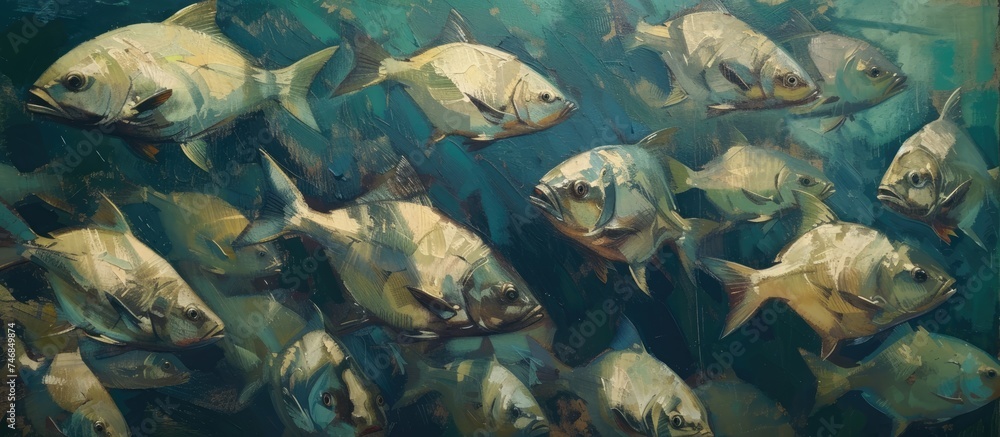 The painting depicts a large group of Atlantic Spadefish swimming in ...