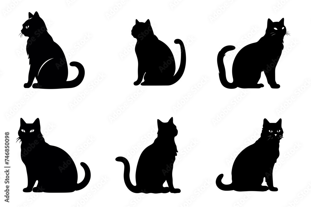 set of cats black and white vector illustration isolated transparent ...