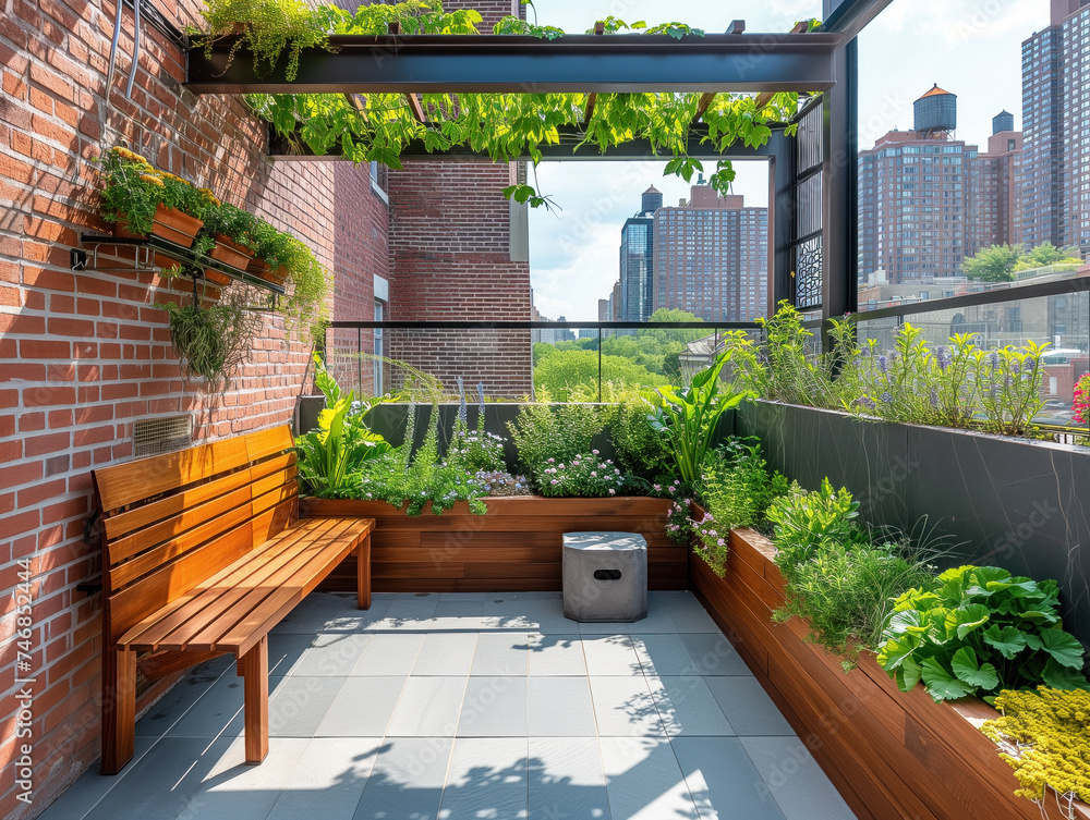 Contemporary balcony garden with brick walls, a wooden bench, and a ...