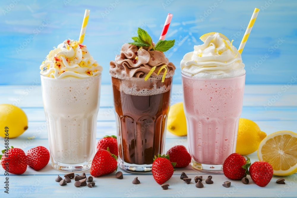 Summer milkshakes with classic flavors and toppings on a light blue ...