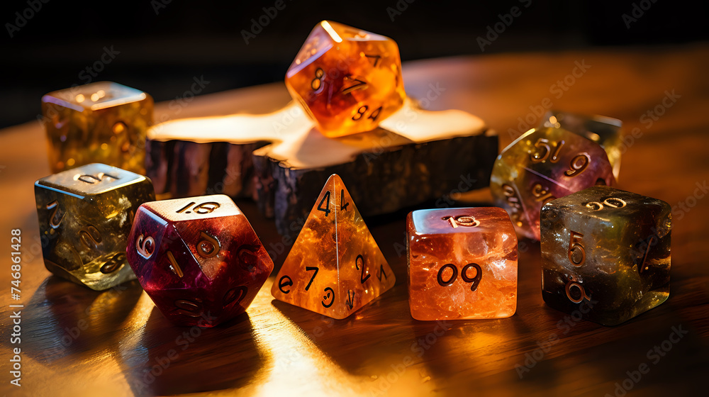 Amber Glow Polyhedral Dice Set. Glowing polyhedral dice set in rich ...
