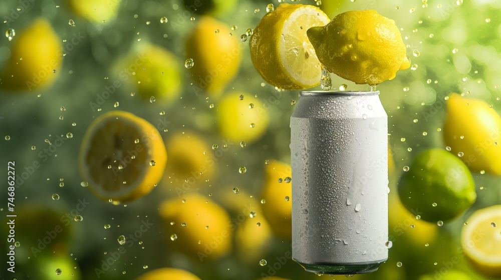 White plain soft-drink can floating, facing camera, whole lemons and limes in the air scattered ...