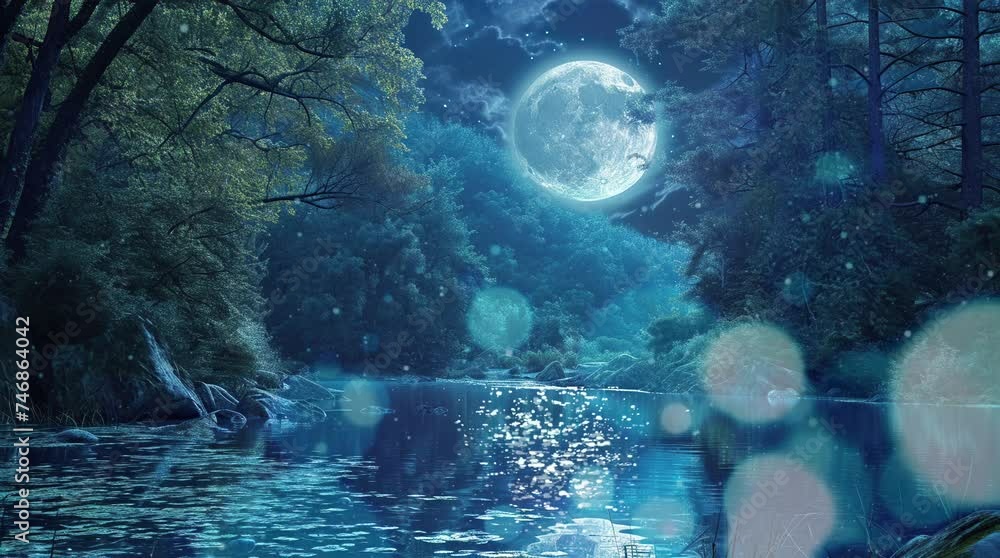 Moonlit Mirror: Full Moon Reflections on Forest Lake Seamless looping ...