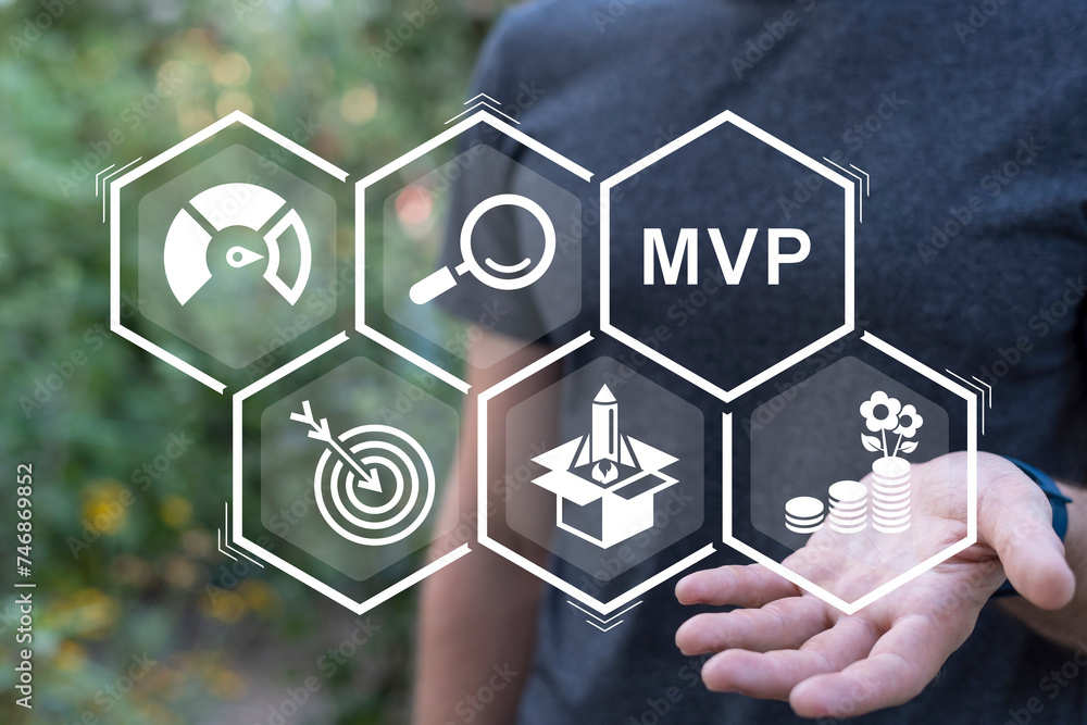 Man using virtual interface sees abbreviation: MVP. Minimum Viable ...