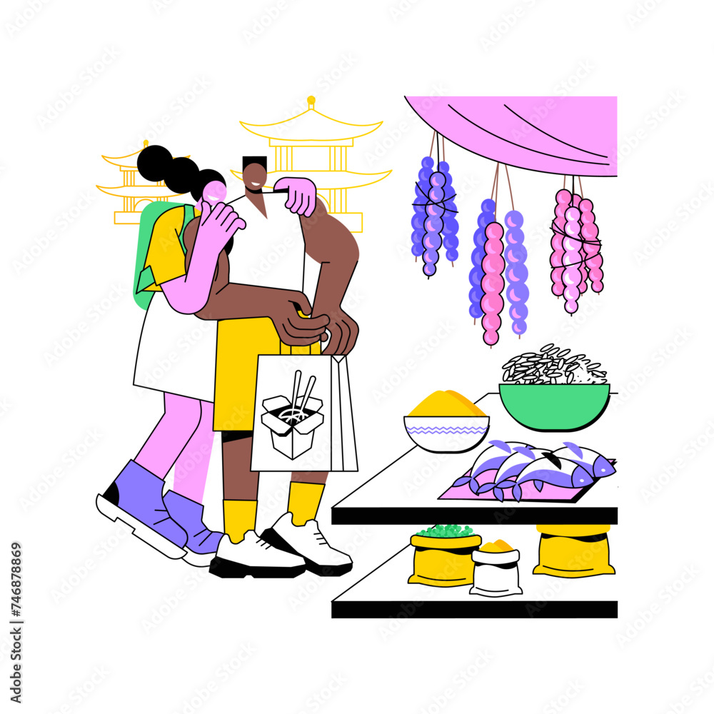 Asian food market isolated cartoon vector illustrations. Couple going ...