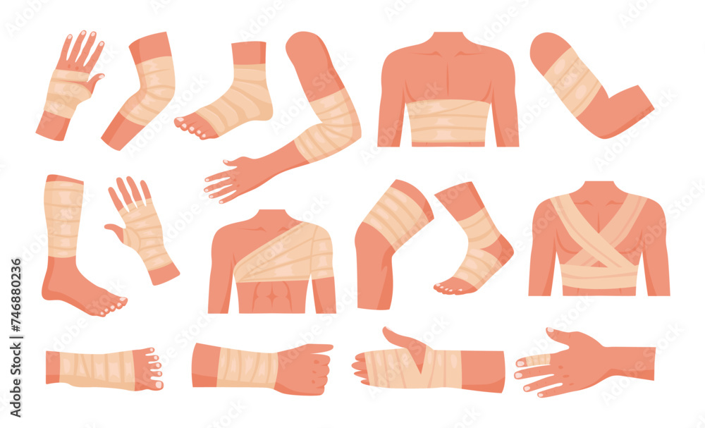 Set of physical injury set collection with wound bandage application ...