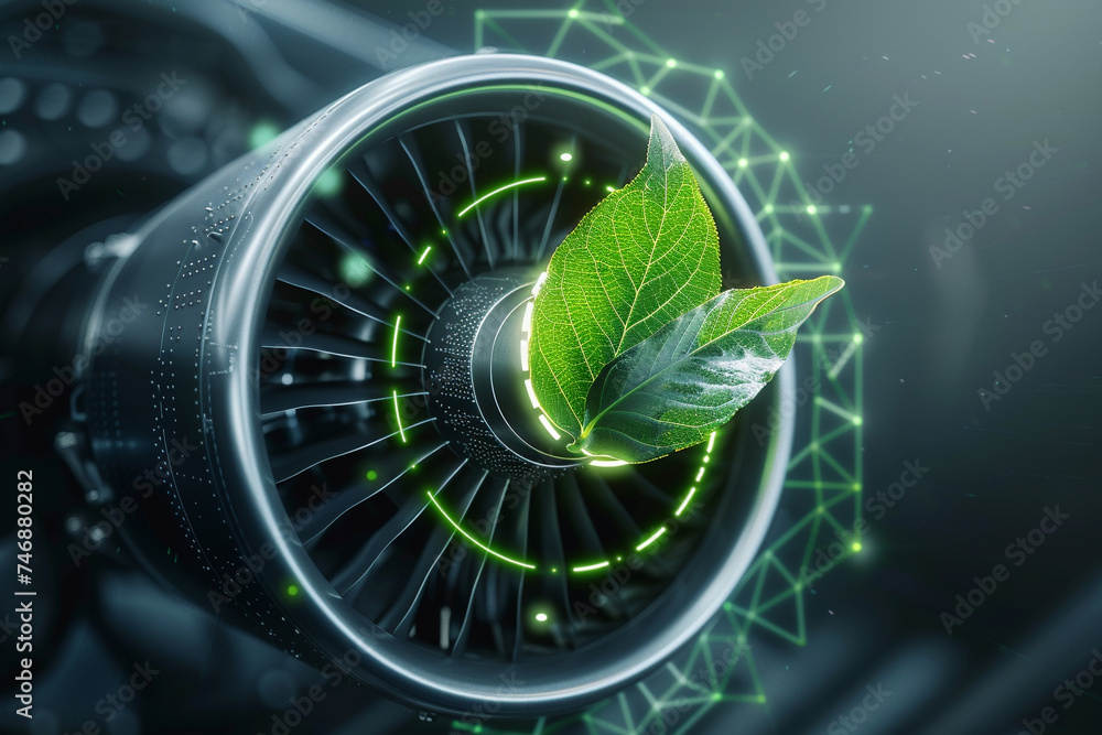 Close up of a jet engine with a green leaf symbol representing the use ...