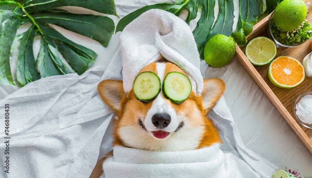 Cute red and white corgi lays on the bed relaxed from spa procedures on ...