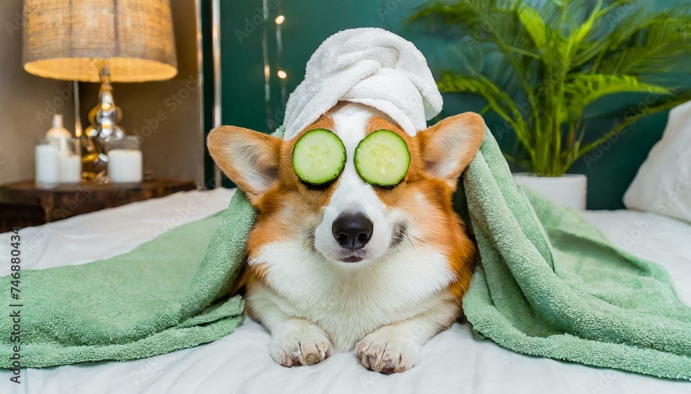 Cute red and white corgi lays on the bed relaxed from spa procedures on ...