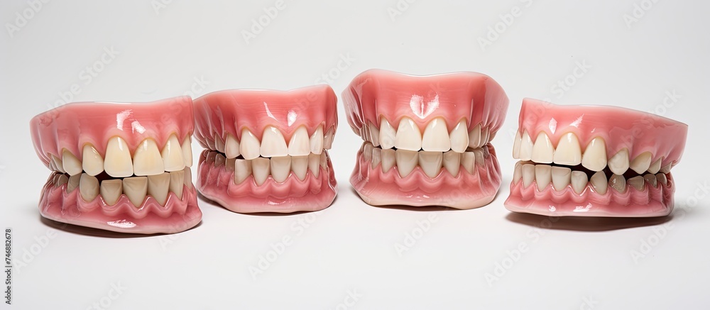 A group of prosthetic teeth with multiple missing teeth, shown in close ...
