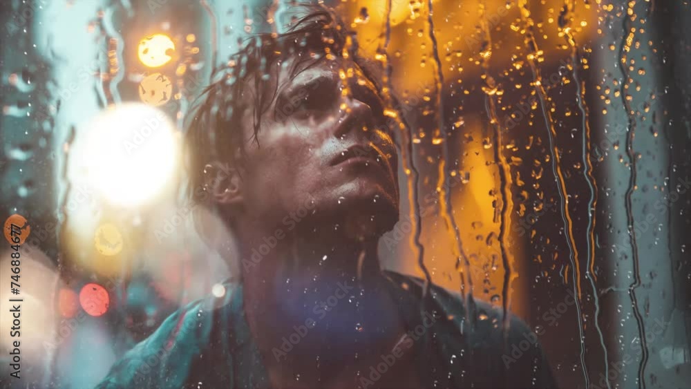 selective focus of crying man behind wet window. seamless looping ...