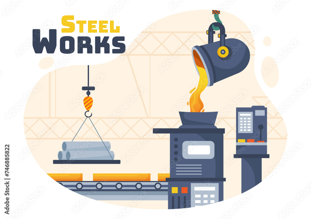 Steelworks Vector Illustration with Resource Mining, Smelting of Metal ...