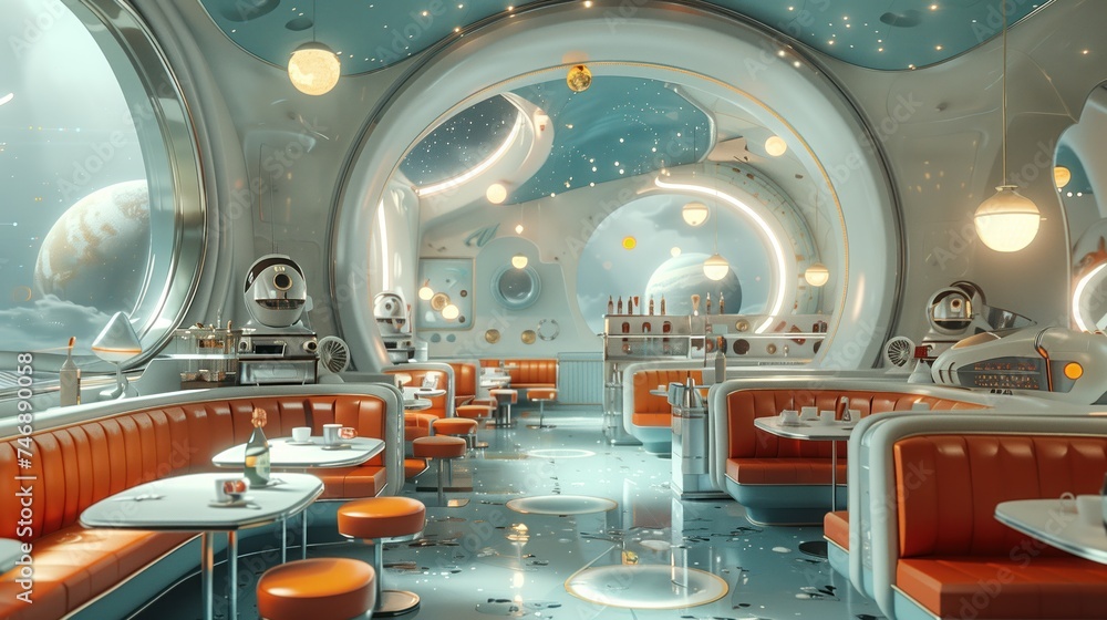 Futuristic space-themed diner interior with a view of celestial bodies ...