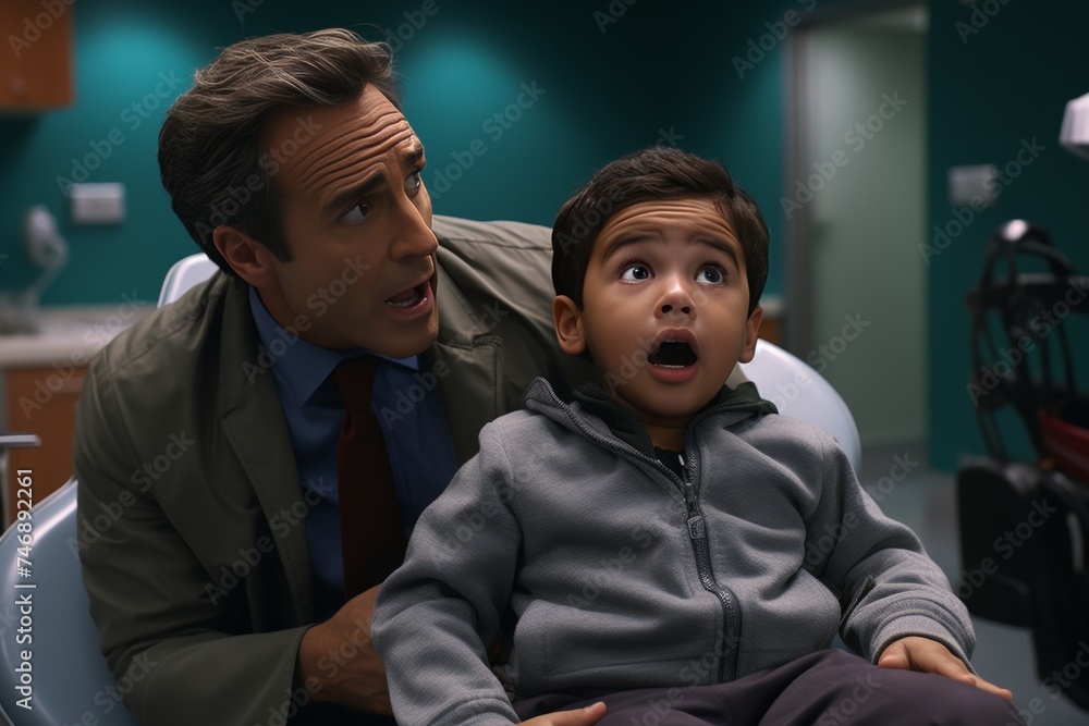 Dentistry concept. Scared boy in dental chair with father. Child ...
