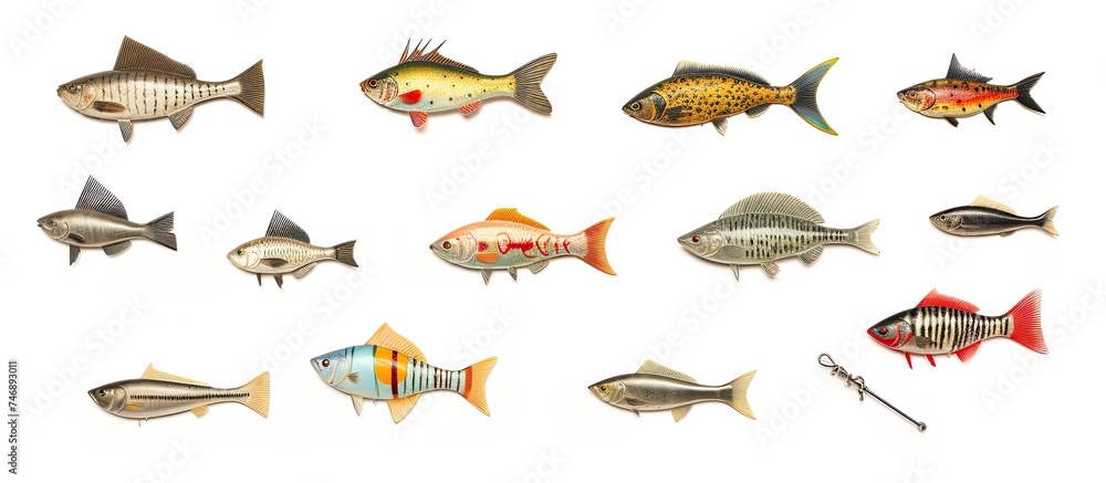A collection of different species of fish displayed on a plain white ...