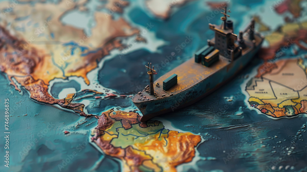 Container ship model on world map , transportation of goods between ...