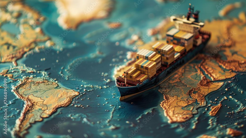 Container ship model on world map , transportation of goods between ...