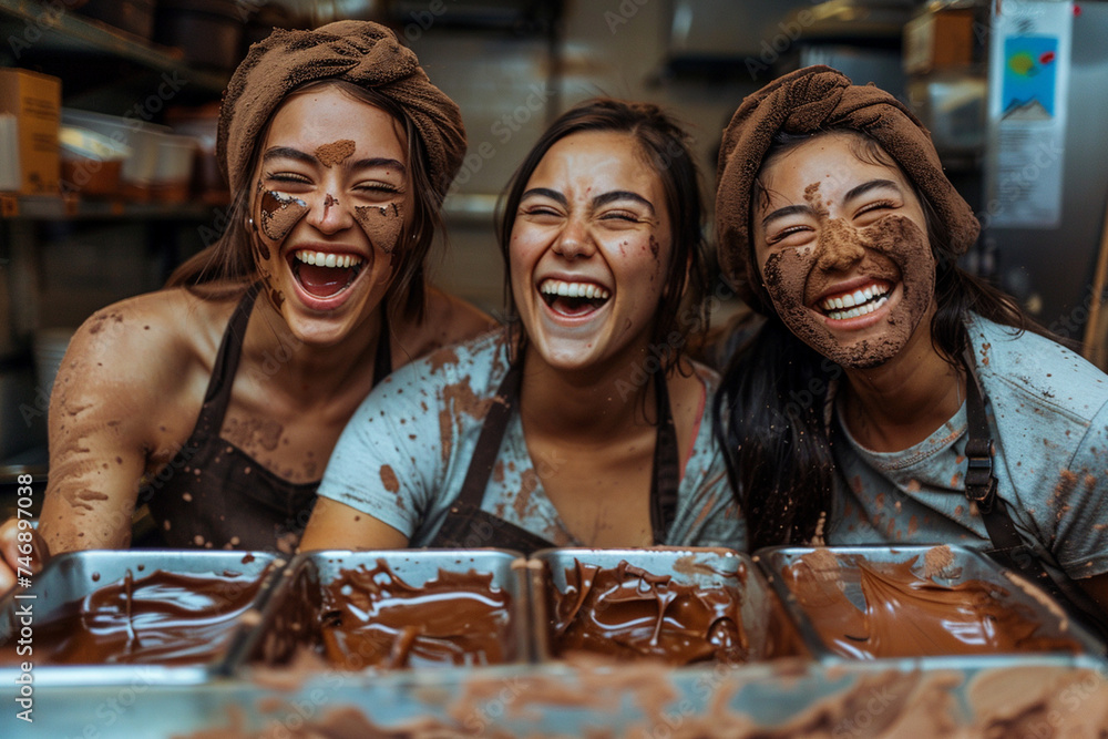 Happy friends indulging in a chocolate-making workshop, their faces ...