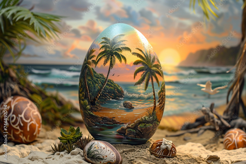 A tropical paradise Easter egg, with vibrant scenes of palm trees ...