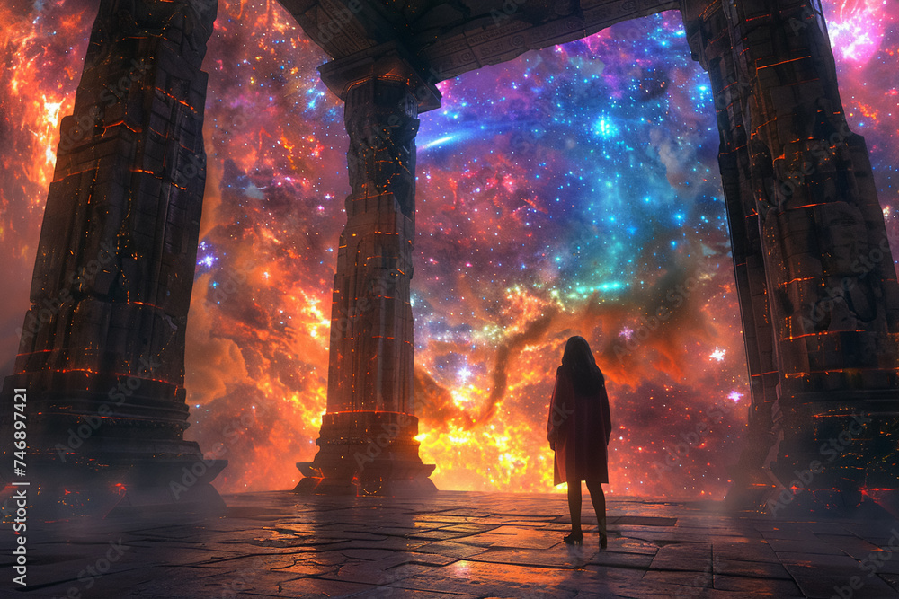 Ancient Temple Gateway to a Cosmic Sky. Figure stands at the threshold ...