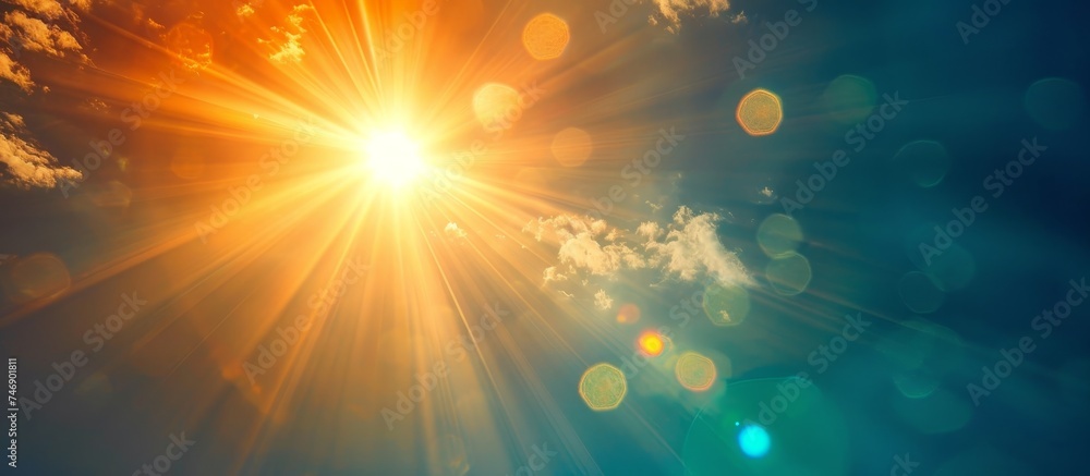 Amber sunlight beams through the clouds in the sky, creating a ...