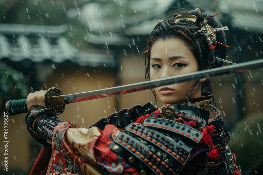 Japanese elegance as a beauty dons the regal attire of a samurai ...
