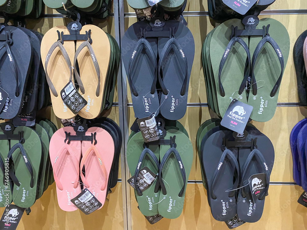 Yogyakarta, Indonesia - January 15, 2024: Various rubber flip flops ...