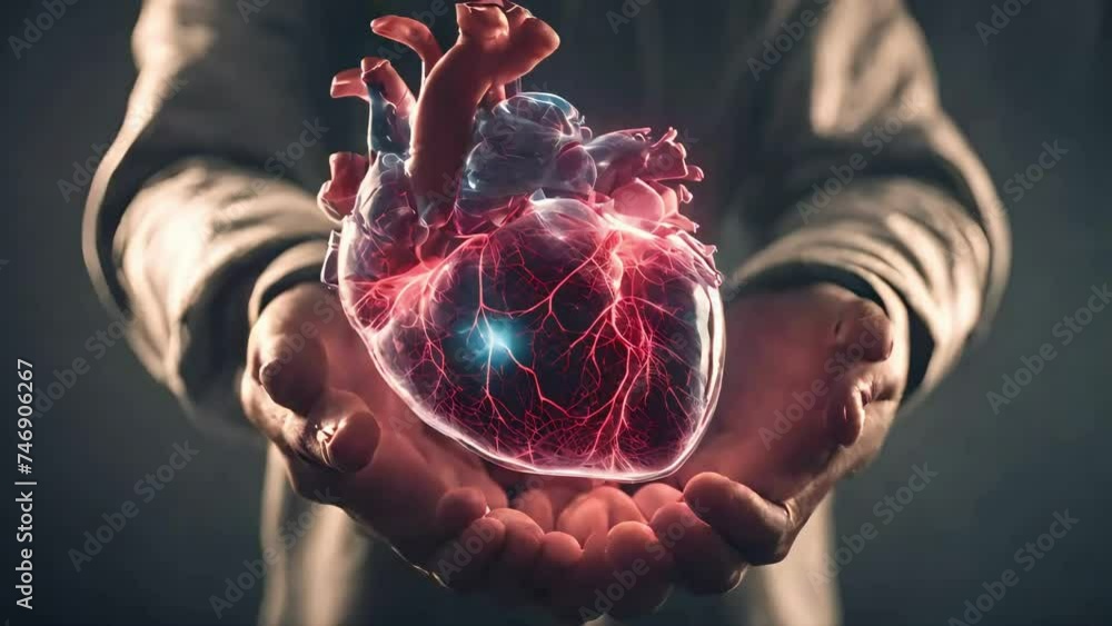 A hologram in the shape of a human heart, futuristic illustration of the human heart medicine ...