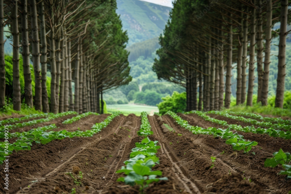 Symmetrical rows of crops growing between parallel lines of trees in a ...