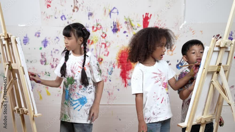 Diverse student painted or draw canvas at stained wall in art lesson ...