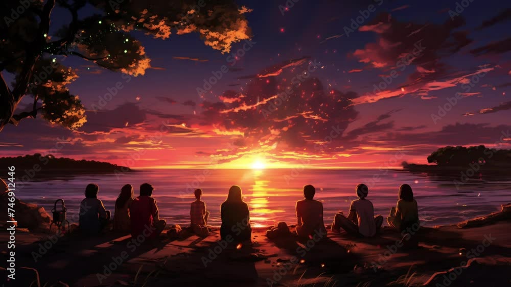Sunset beach with anime characters gathering around bonfire in cute ...