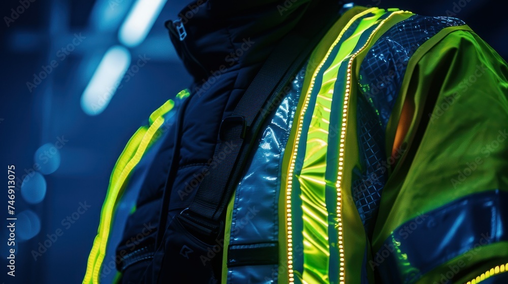 Close-Up of High Visibility Safety Jacket with LED Lights. Detail of a ...