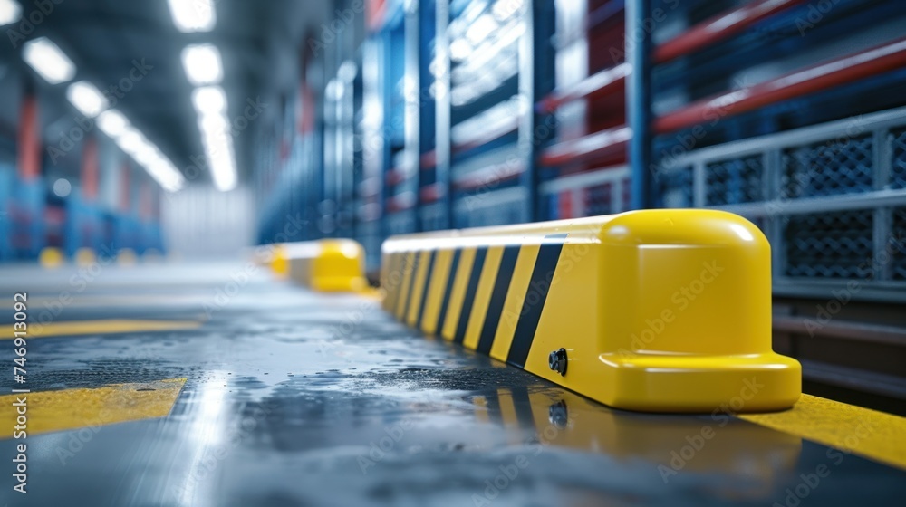 Industrial Warehouse Yellow Safety Guardrails. Low-angle view of yellow ...