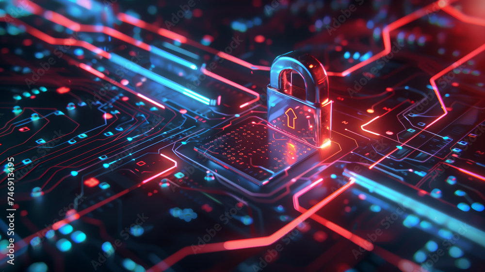 Digital security padlock on electronic circuit board with red light ...