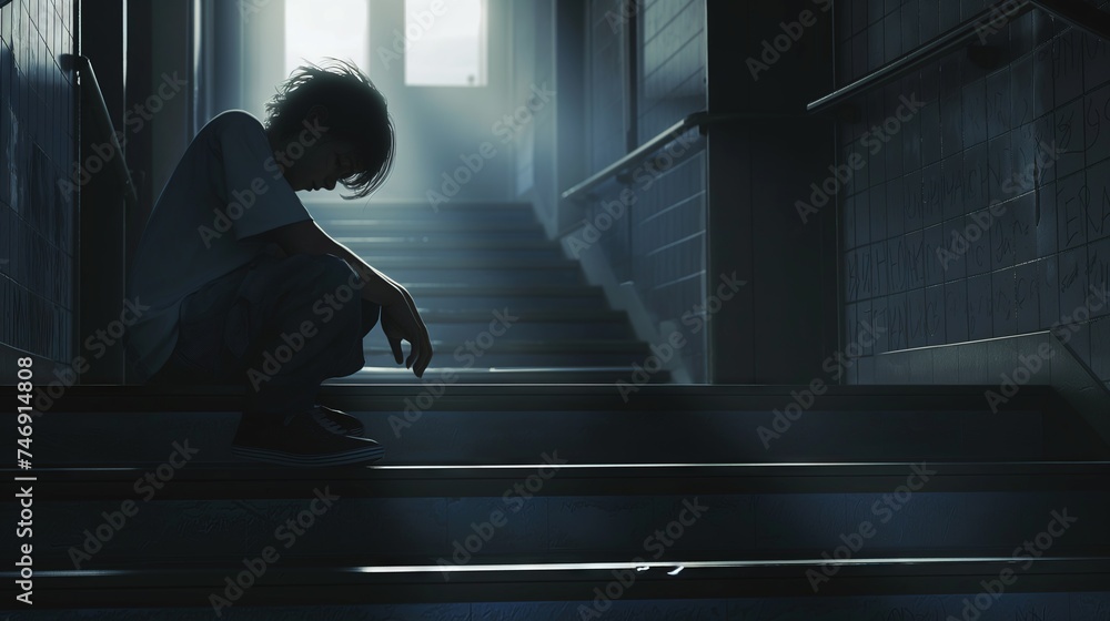 Solitary Struggle Depressed Boy Sitting Alone at Stairs, Conveying the ...
