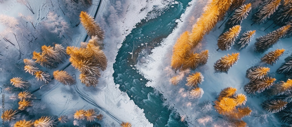 This aerial view in Winter Bavaria showcases the Isar river flowing ...