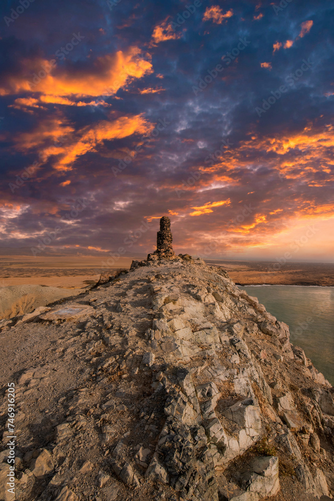 Sacred mountain on Pilon de Azucar beach with beautiful sunset. Guajira ...