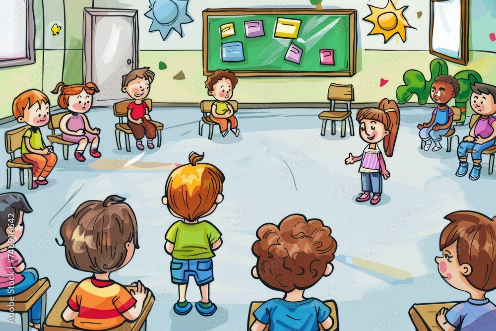 Cartoon cute doodles of children practicing good manners and kindness ...