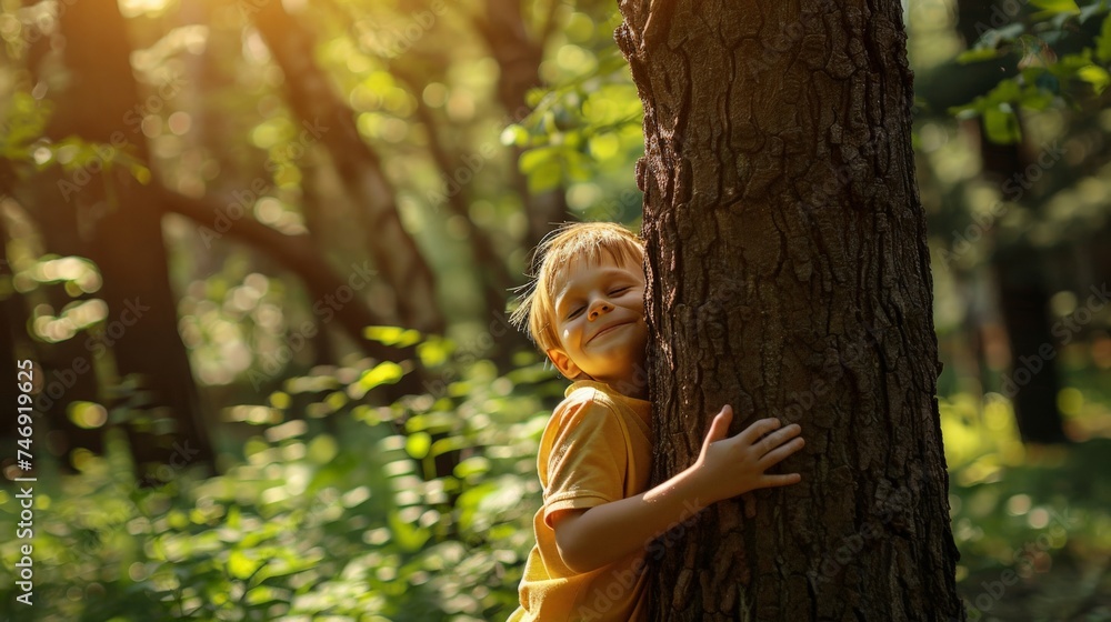 Net zero and carbon neutral concept. Child hugging a tree in the ...