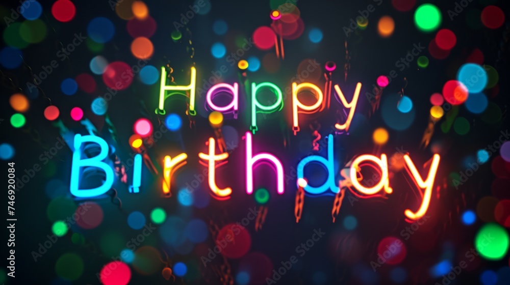 Colorful LED Happy Birthday concept creative horizontal art poster ...